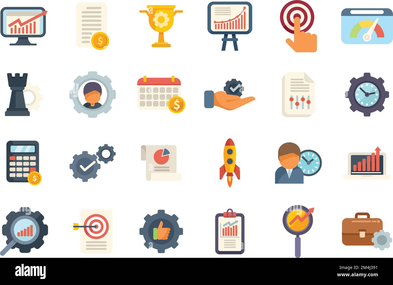 Performance management icons set flat vector. People study. Finance ...