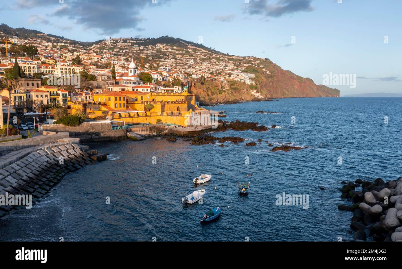 Aerial view, old town with harbour, Sao Tiago fortress, Funchal ...
