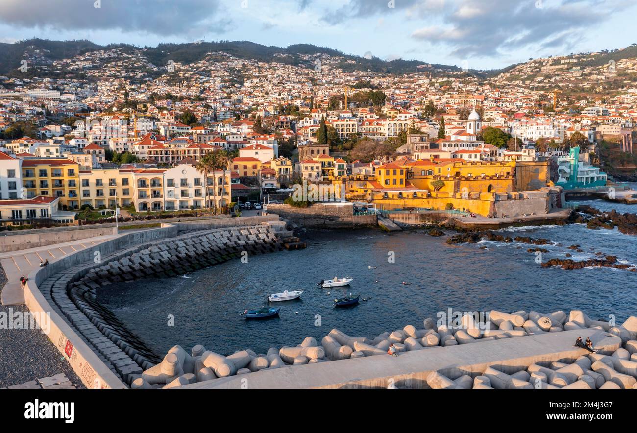 Aerial view, old town with harbour, Sao Tiago fortress, Funchal ...