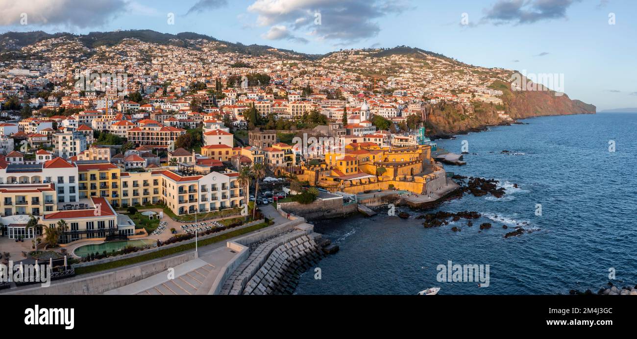 Aerial view, old town with harbour, Sao Tiago fortress, Funchal ...
