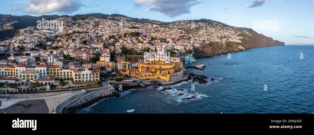 Aerial view, old town with harbour, Sao Tiago fortress, Funchal ...