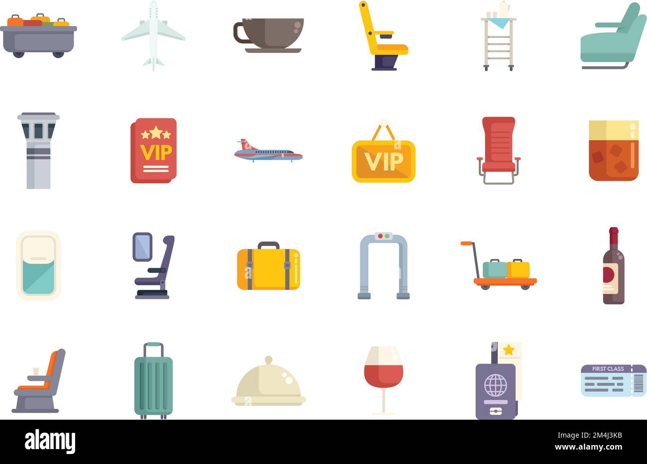 First class travel icons set flat vector. Airplane service. Seat ...