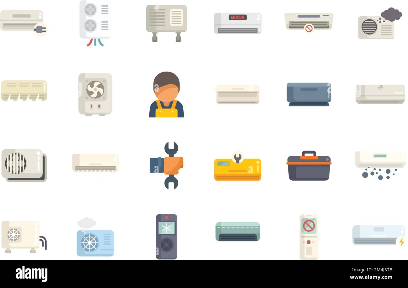Repair air conditioner icons set flat vector. Install hvac. Air pump ...
