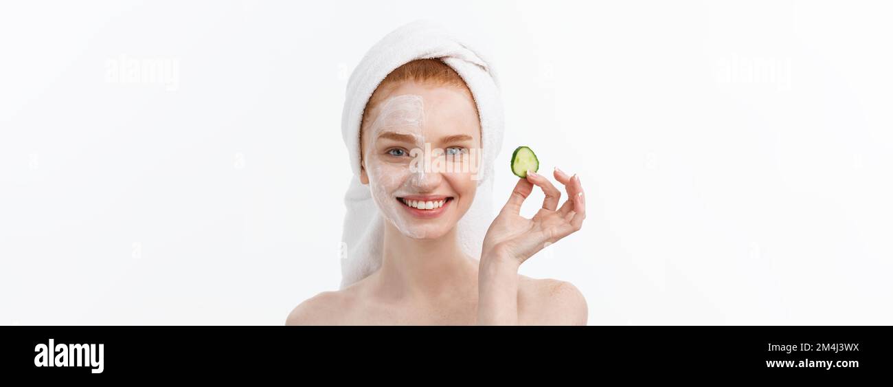 Attractive Young Woman with beautiful clean skin. White mask and ...