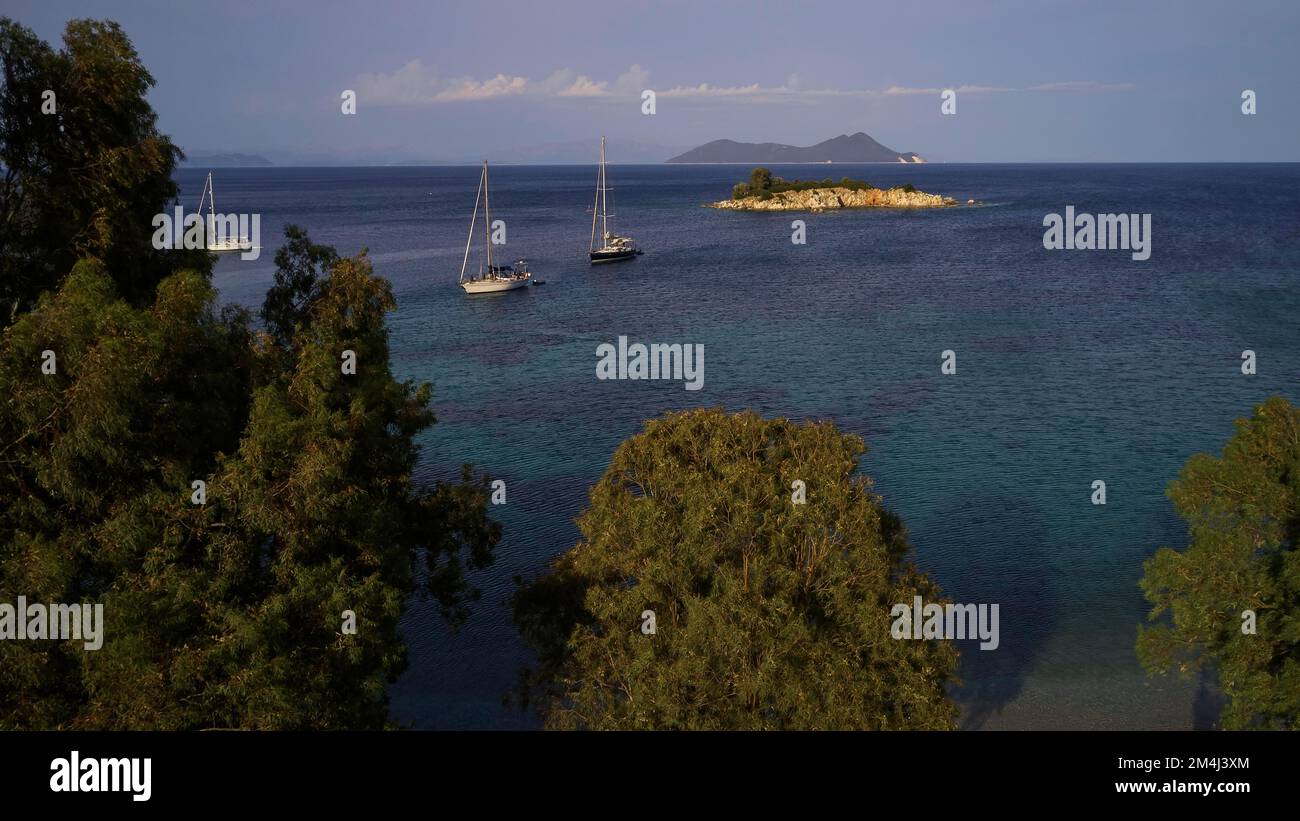 Marmakas Bay, Sailboats, Trees, Islet of Agios Nikolaos, Atokos Island ...