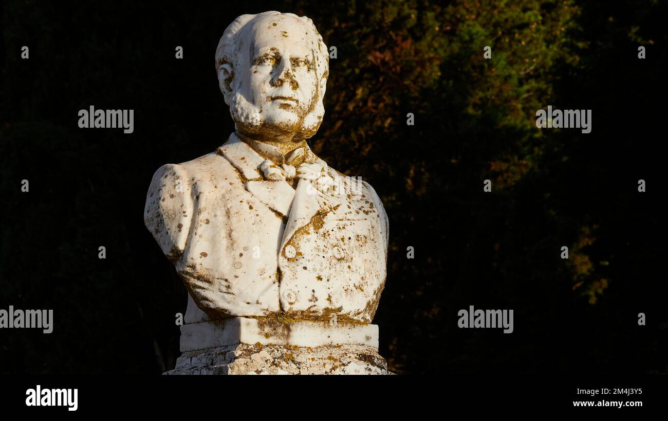 Exogi village, cemetery, weathered bust of a man, Ithaca island, Ionian ...
