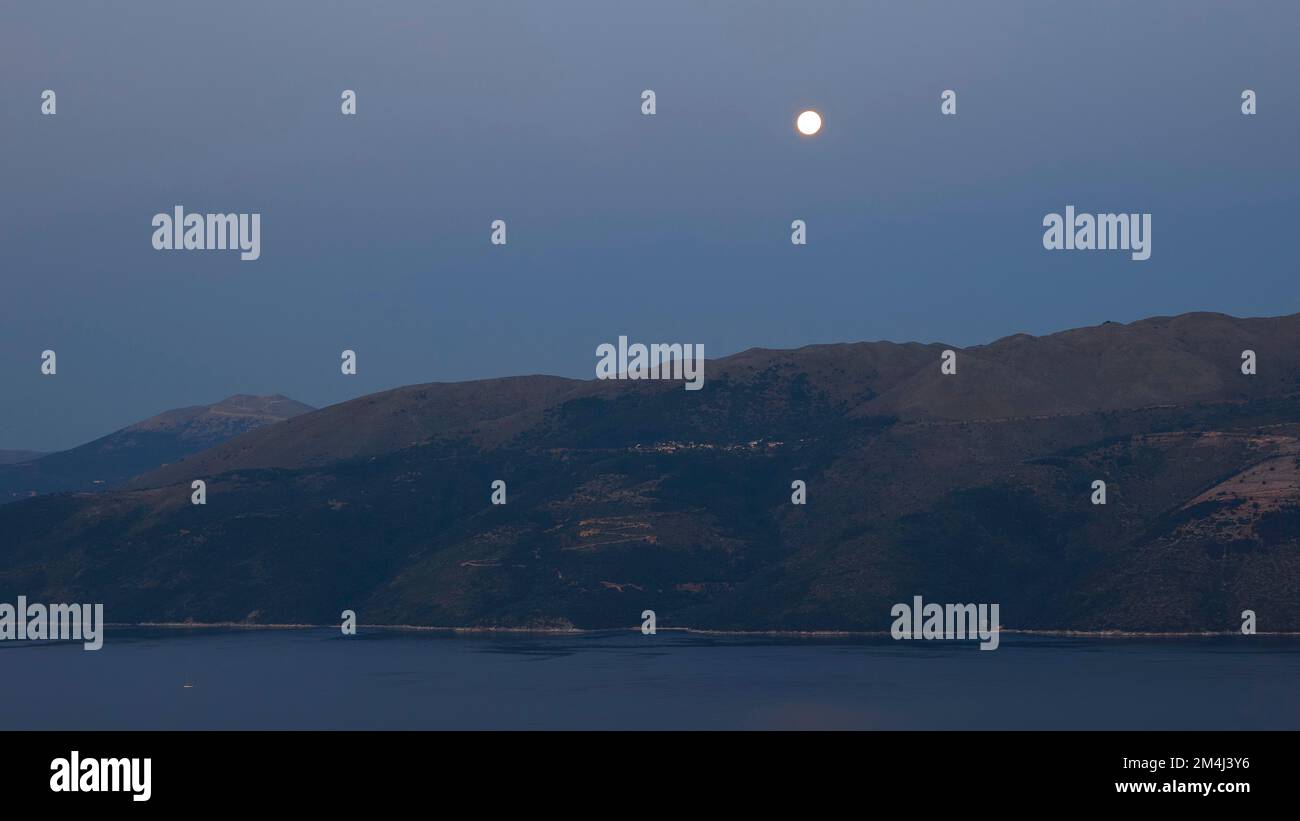 View towards Kefalonia, full moon, strait, main town, Vathi, Ithaca ...