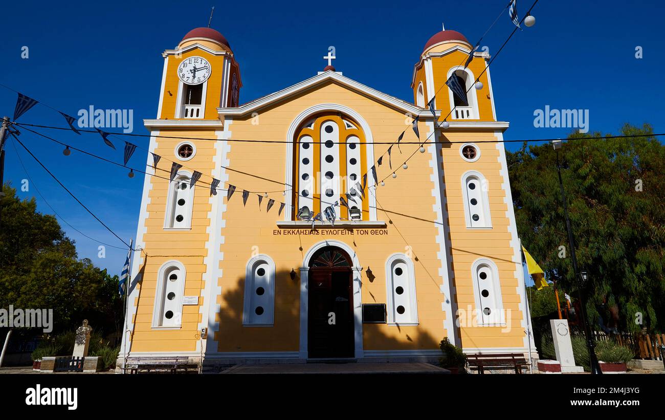 Yellow church, front, super wide angle, red steeple roof, dark blue sky ...