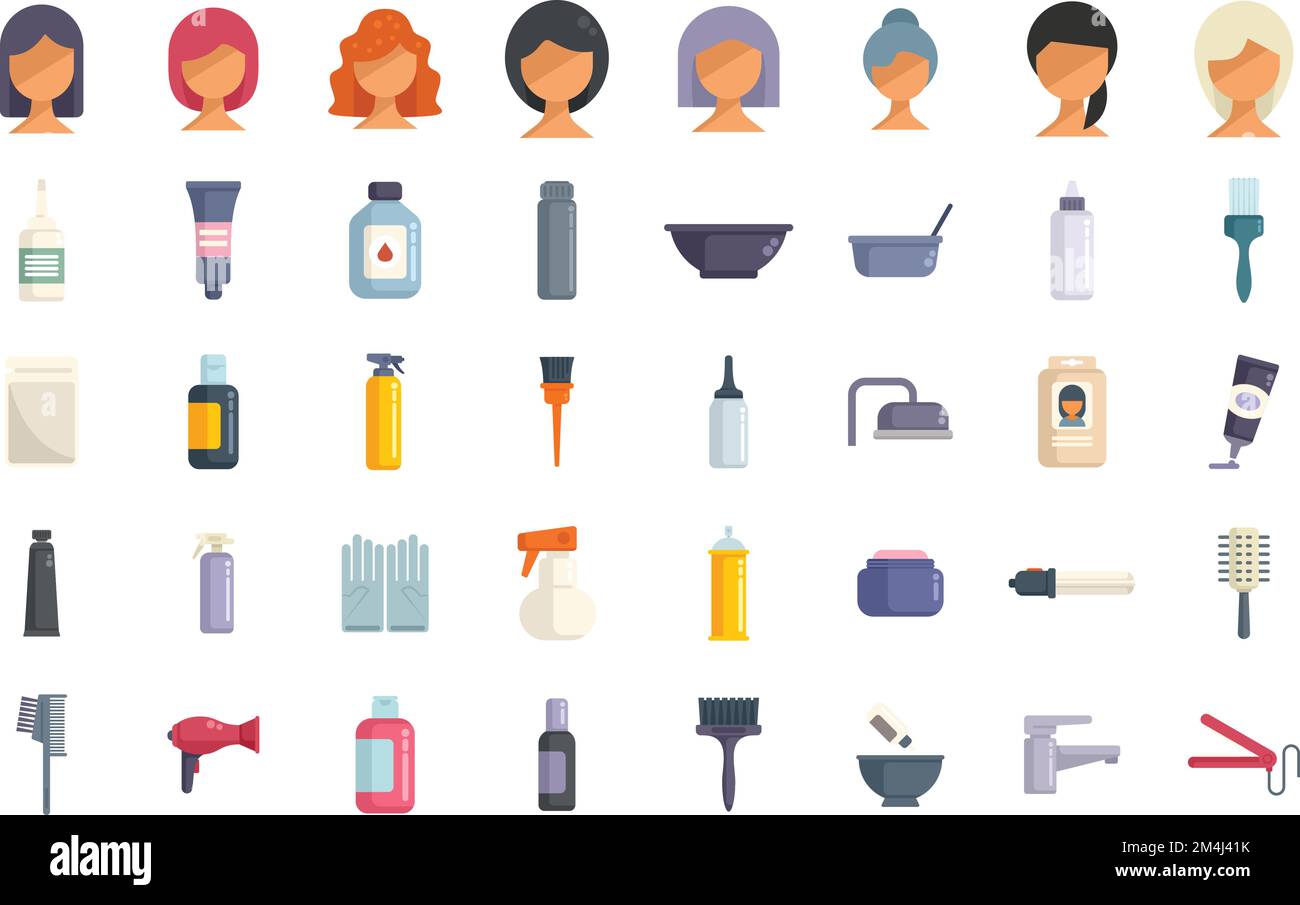 Hair colouring icons set flat vector. Dye shower. Fashion style ...