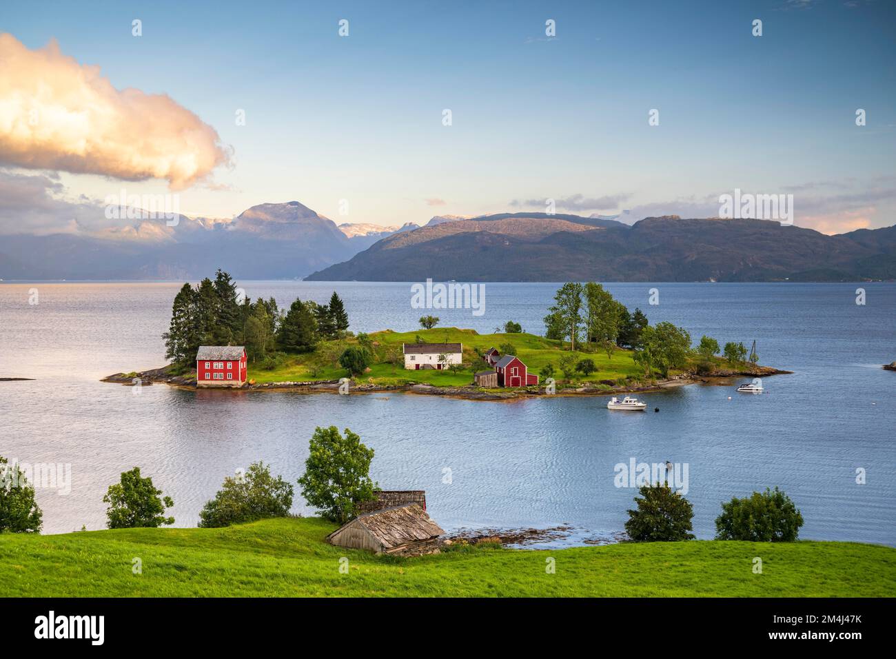 Omaholmen Island in Hardangerfjord, small island with colourful houses ...