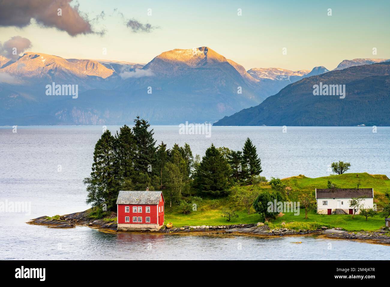 Omaholmen Island in Hardangerfjord, small island with colourful houses ...