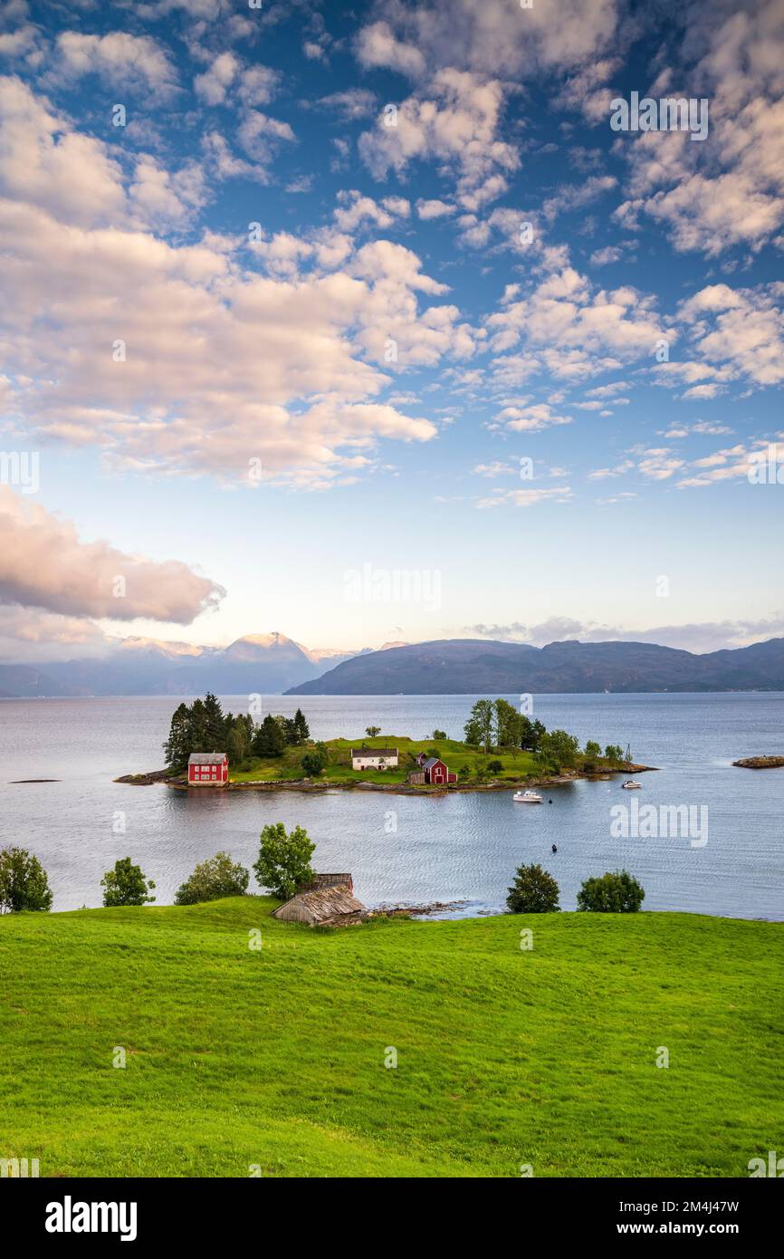 Omaholmen Island in Hardangerfjord, small island with colourful houses ...
