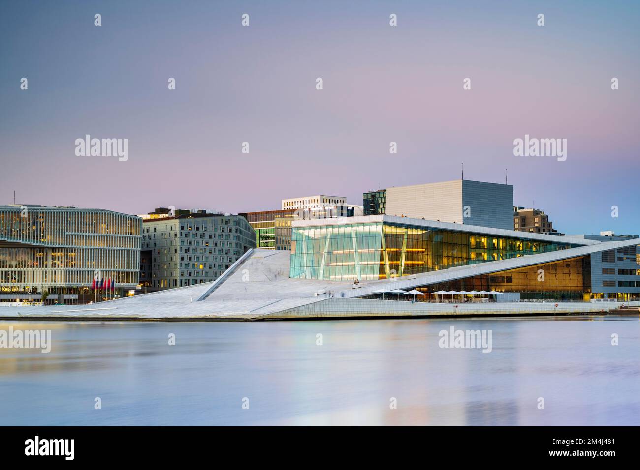 Oslo Opera House in the evening mood, Bjorvika district, Oslofjord ...