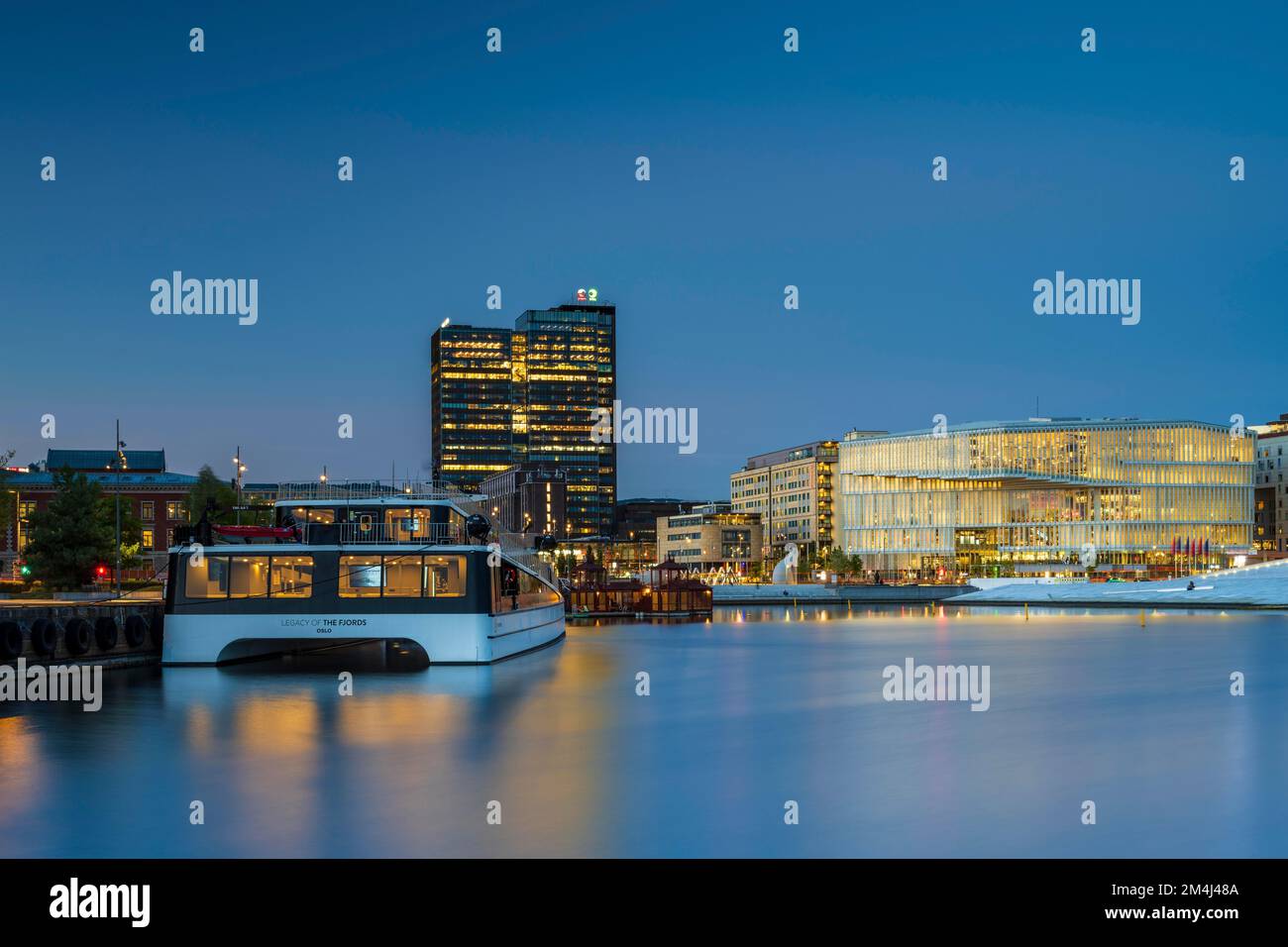 Oslo skyline by night, harbour, Bjorvika district, Oslofjord, Norway ...