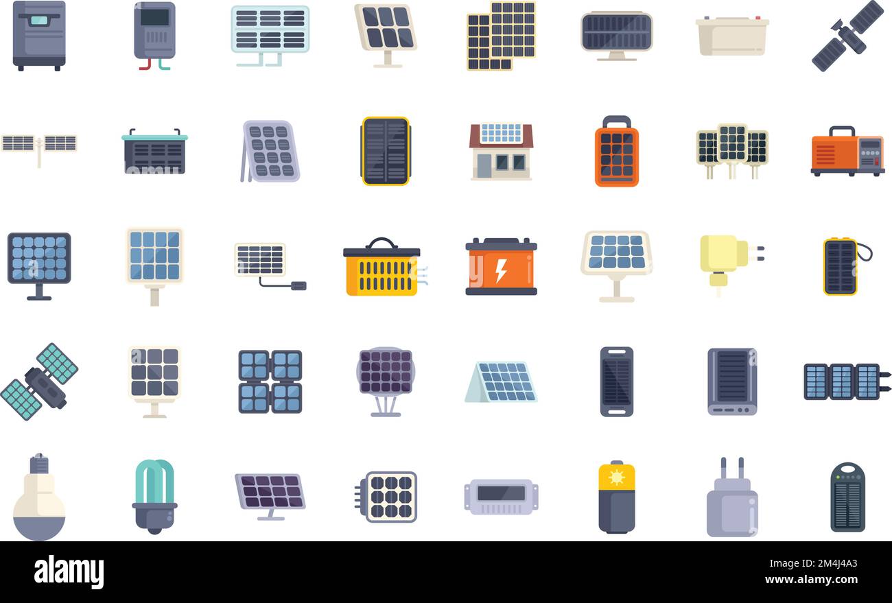 Solar panels icons set flat vector. Solar inverter. Energy battery ...