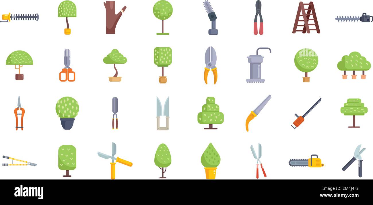 Tree trimming icons set flat vector. Chainsaw tree. Work forest ...