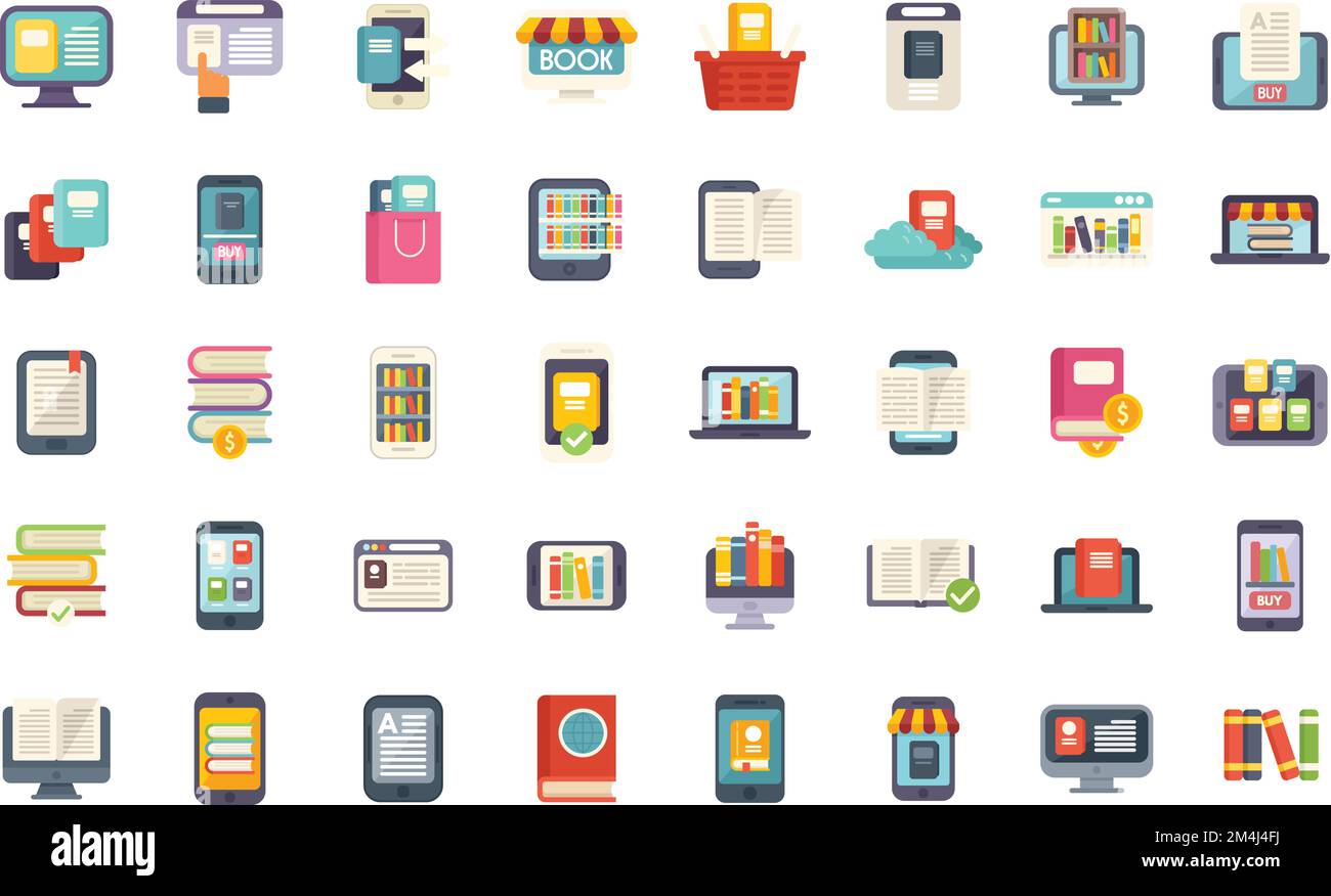 Online bookstore icons set flat vector. Open book. Author literature ...