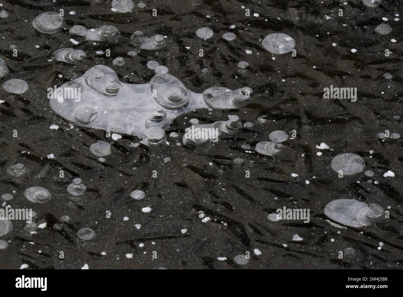Air pockets, air bubbles and structures in the ice on a frozen water ...