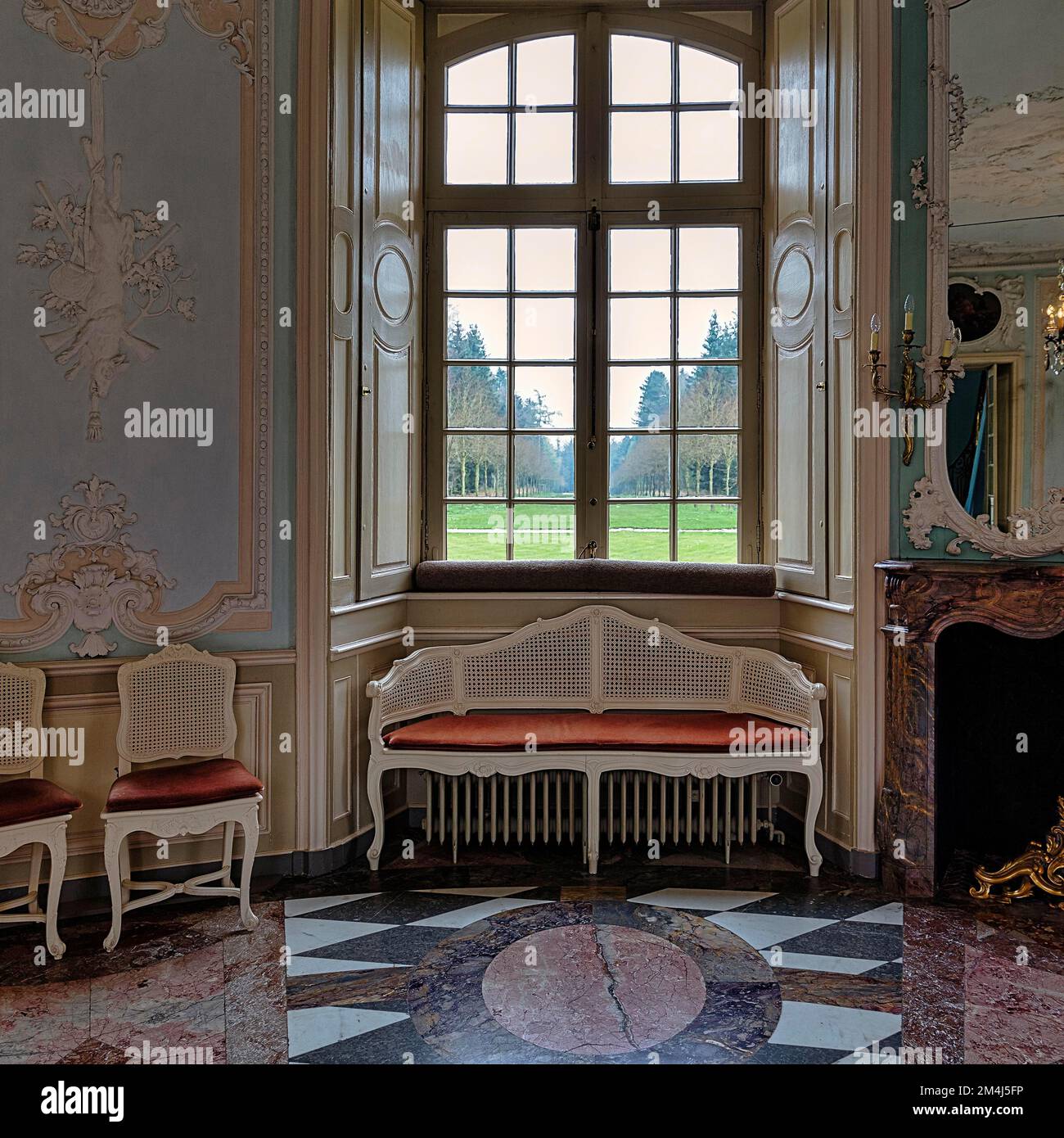 Window with view into the garden, round hall, central pavilion, baroque ...