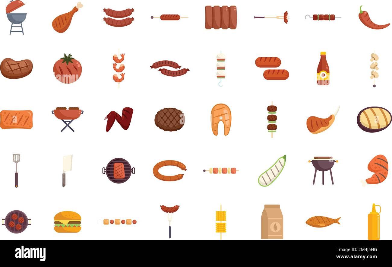 Grilled food icons set flat vector. American cooked. Korean chicken ...