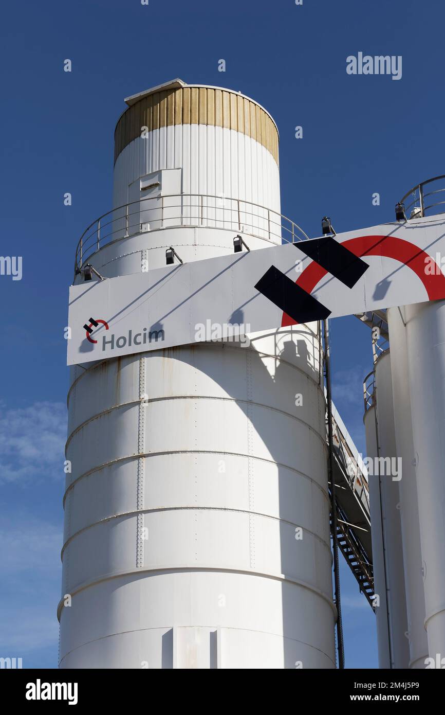 Silo with logo of Holcim AG, manufacturer of cement and building ...