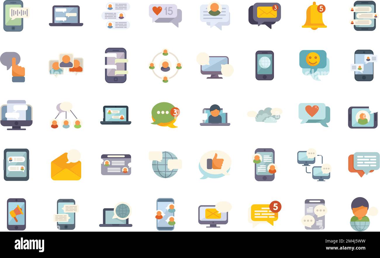 Messaging network icons set flat vector. Share star. People data ...