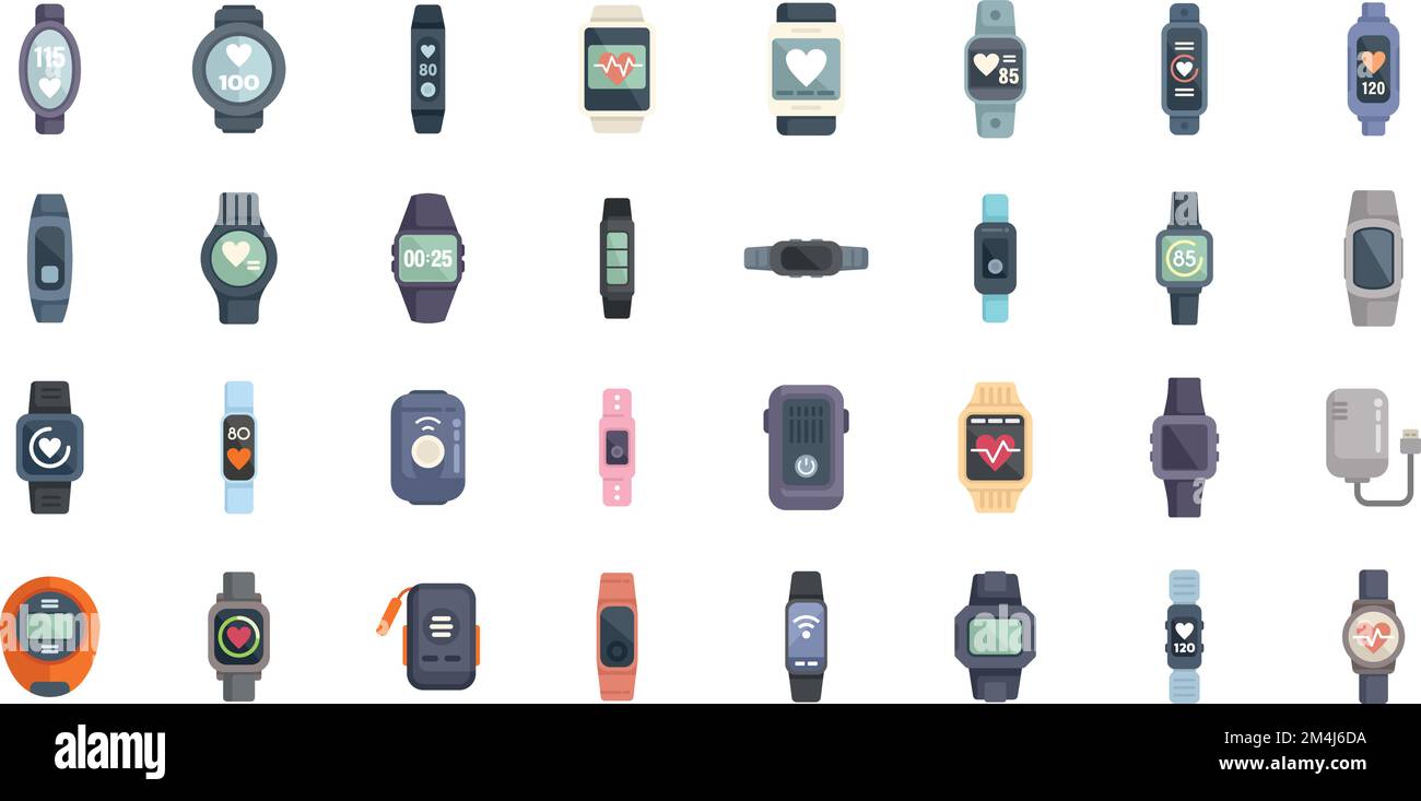 Wearable tracker icons set flat vector. Fitness bracelet. Wristband ...