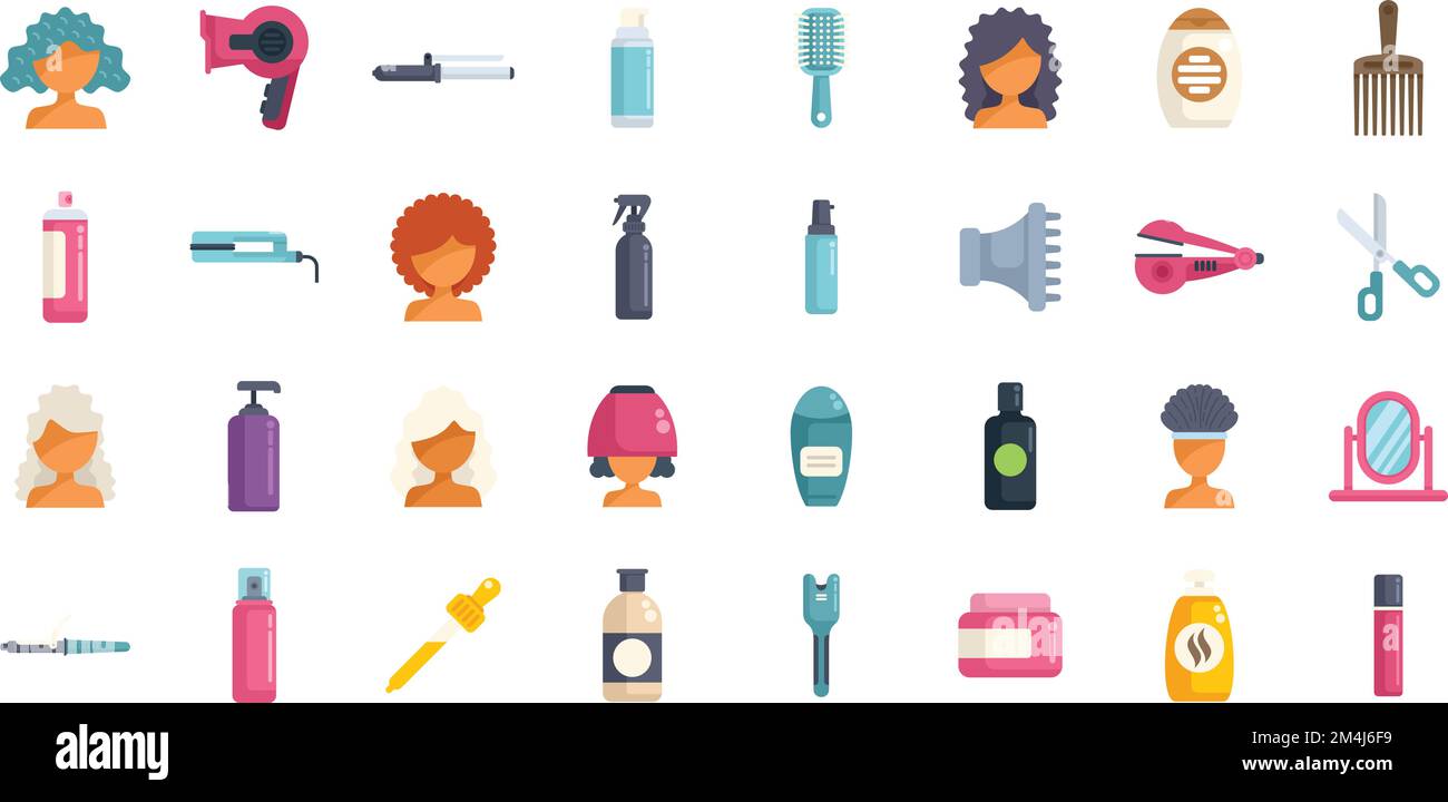 Curly hair care icons set flat vector. Hair dandruff. Shampoo volume ...