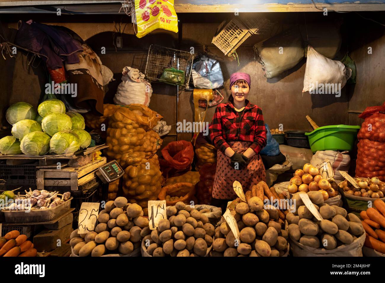 Potato seller, stall, vegetable stall, Osh Bazaar, Kyrgyzstan, Central ...