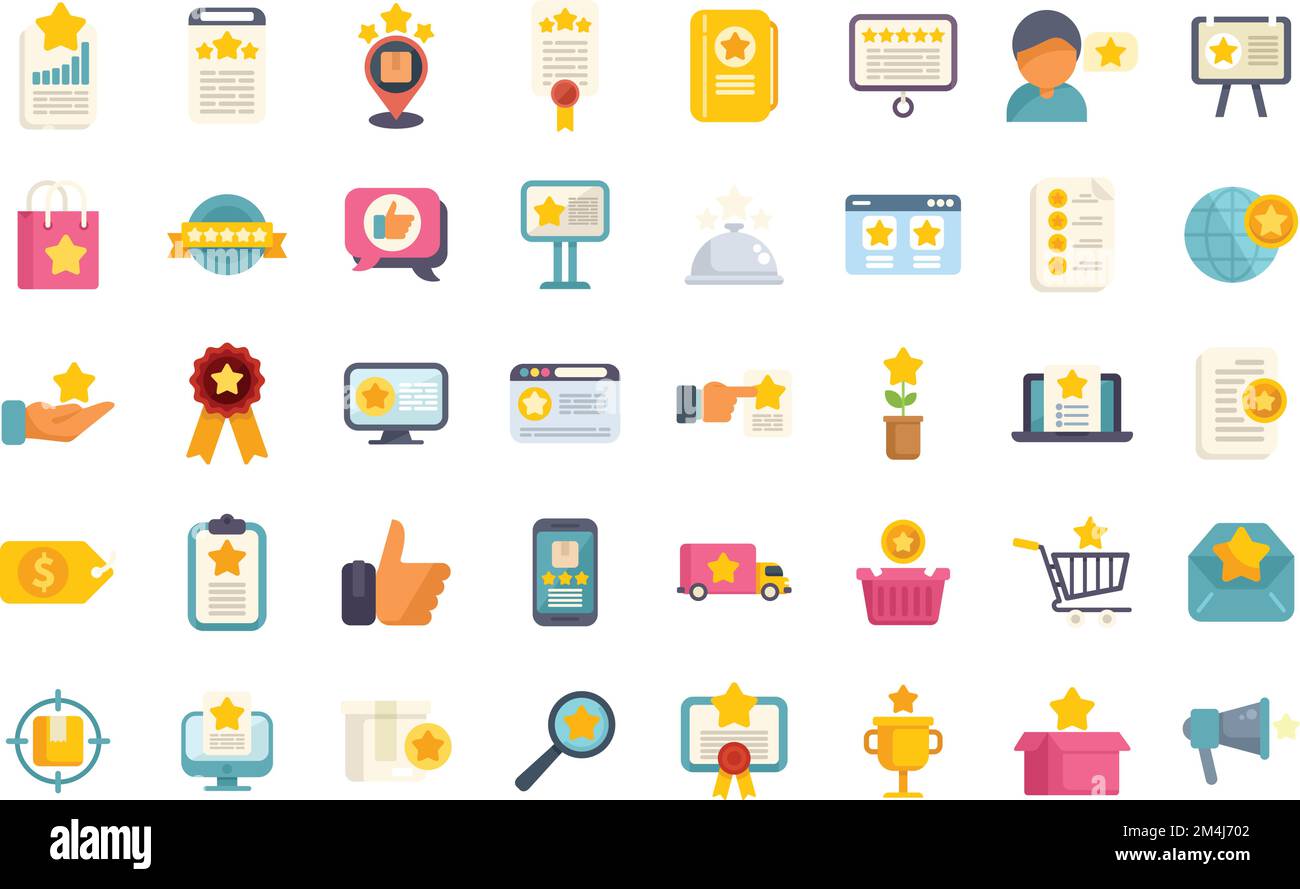 Featured product icons set flat vector. Data survey. Start product ...