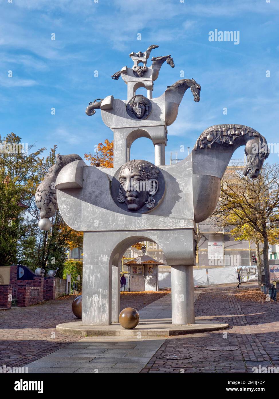 The large sculpture Tower of the Grey Horses on Hillerplatz, Bietigheim ...