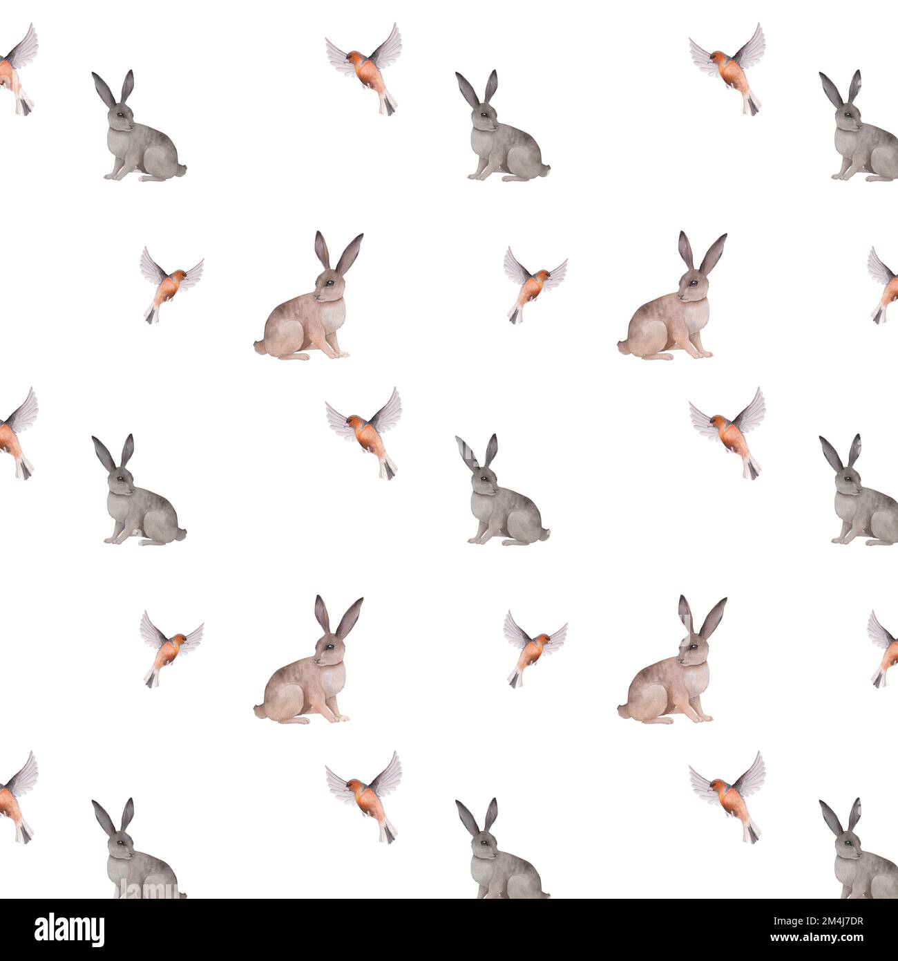 Watercolor seamless pattern with cartoon hares and birds on a white ...