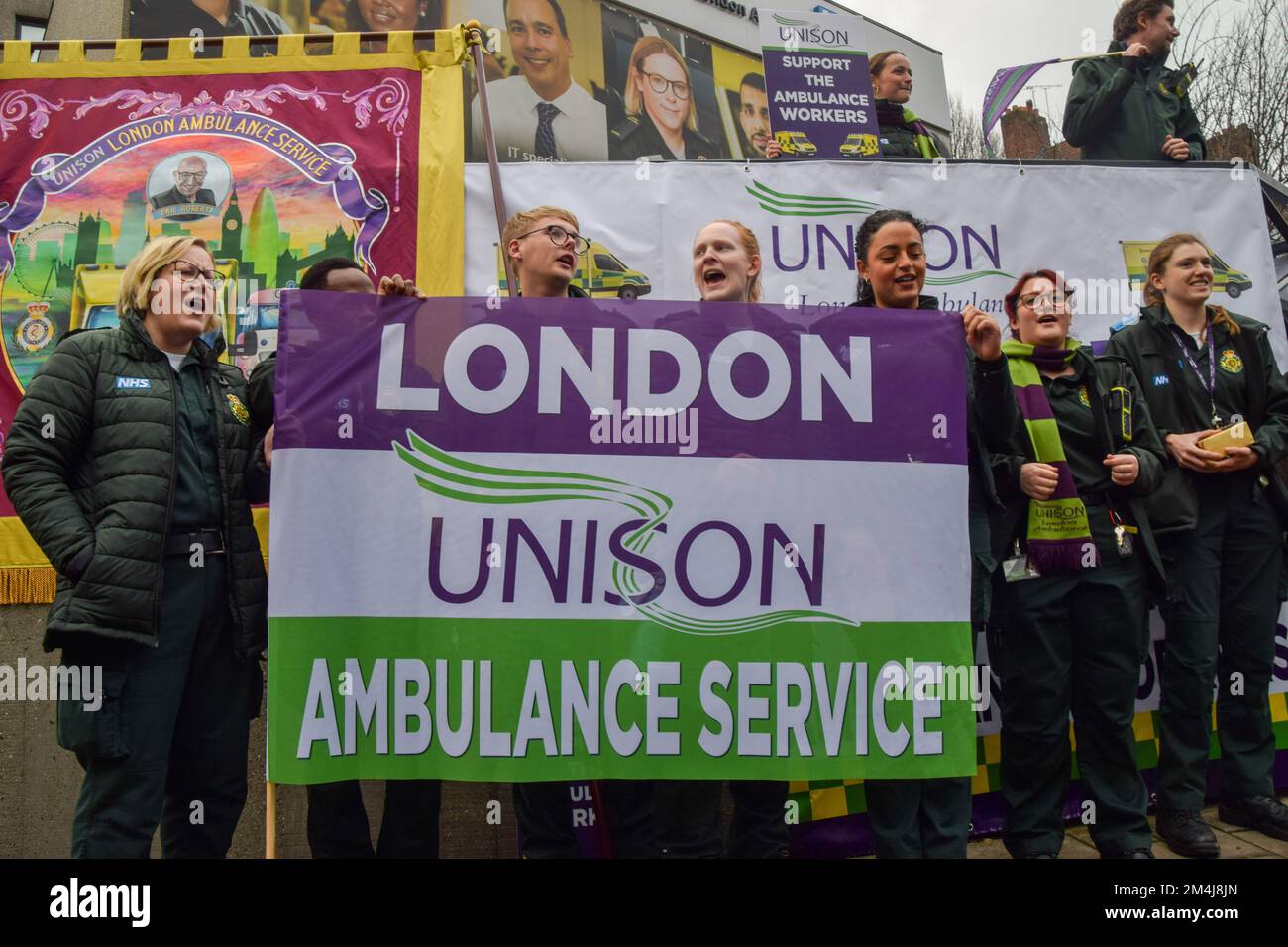 Ambulance workers hold a Unison (public service union) banner at the ...