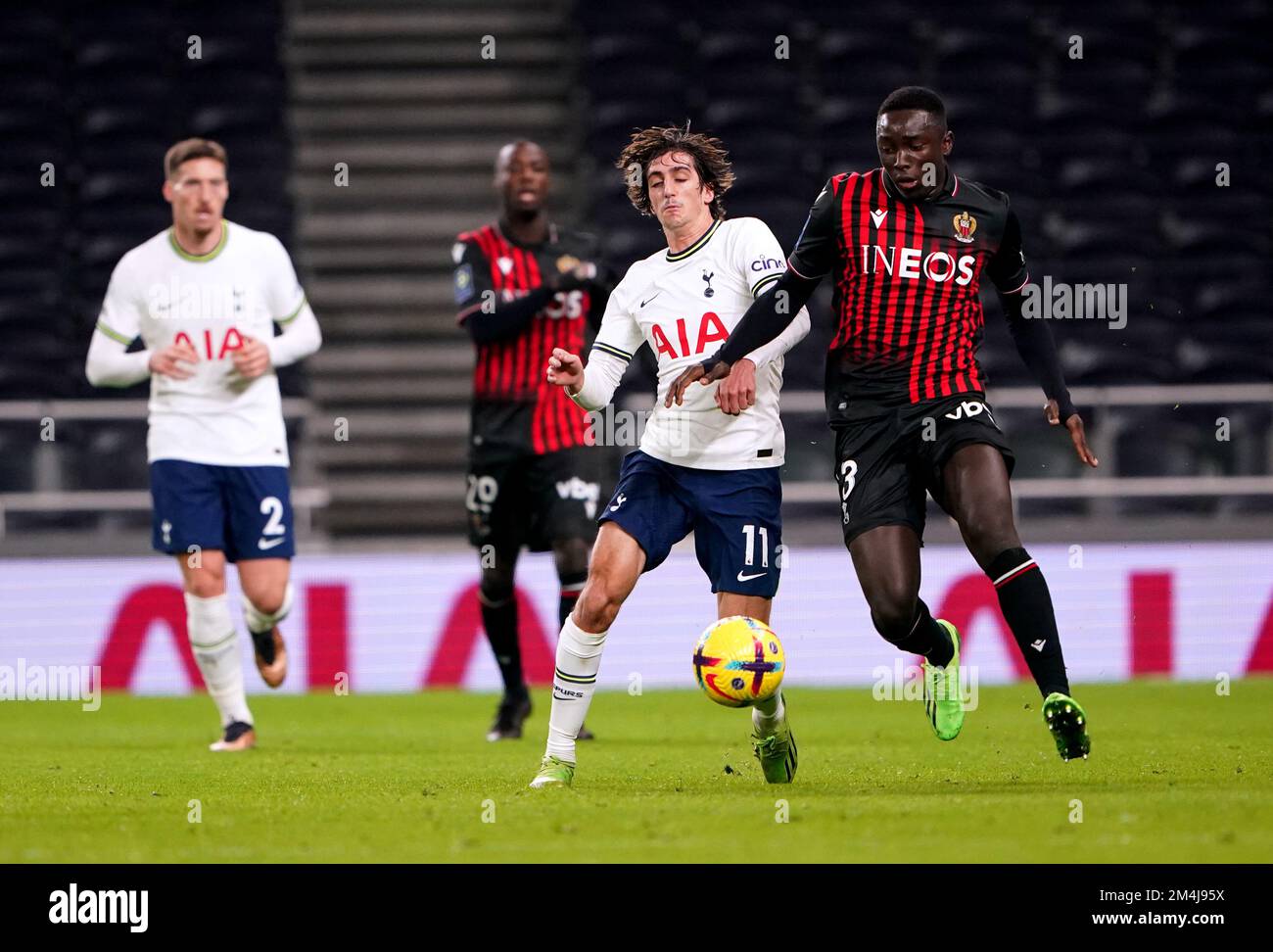 Tottenham Hotspur's Bryan Gil and Nice's Antoine Mendy battle for the ...
