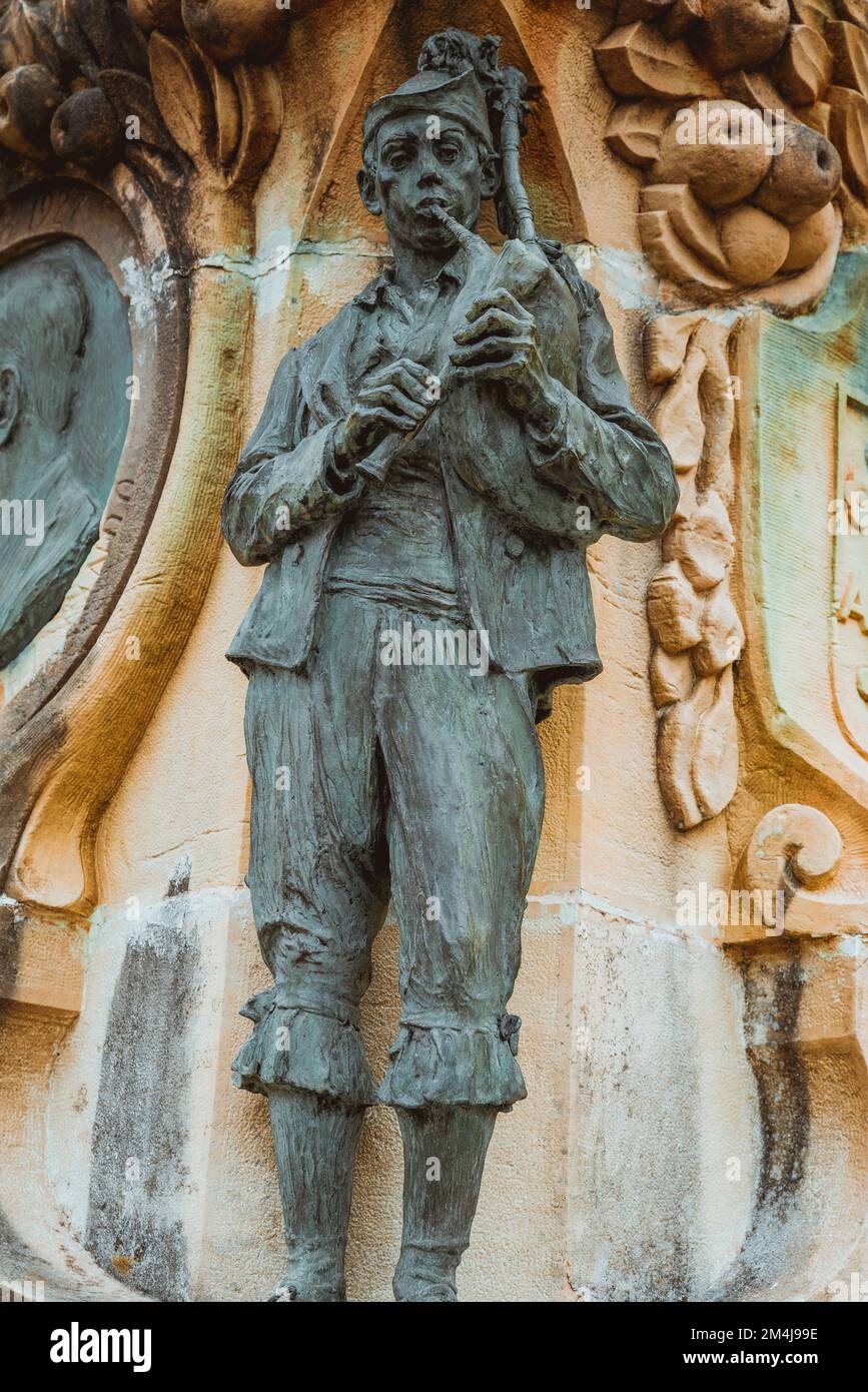 Bagpiper statue detail. Obdulio Fernández Pando Monument. Villaviciosa ...