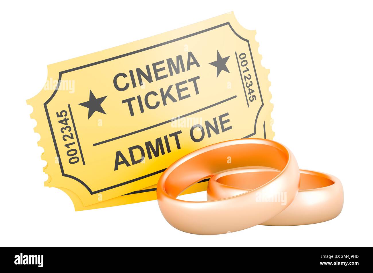 Cinema tickets with golden wedding rings, 3D rendering isolated on ...