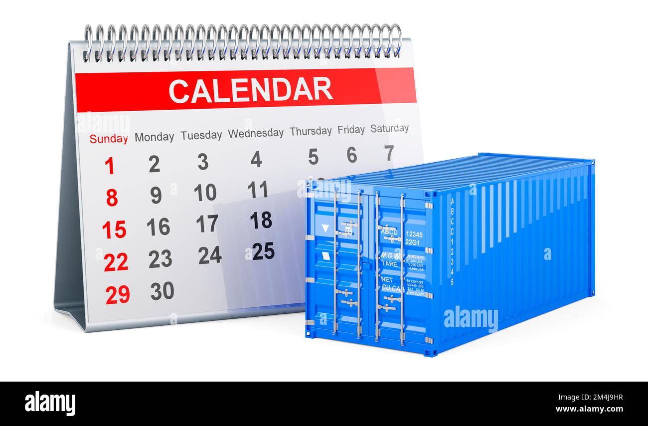 Cargo container with desk calendar, 3D rendering isolated on white ...