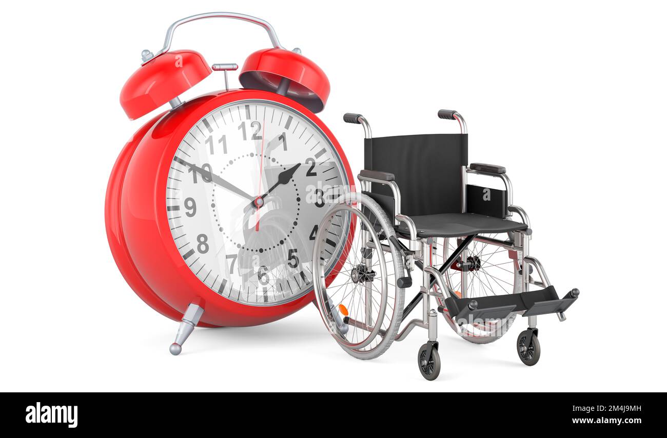 Manual wheelchair with alarm clock, 3D rendering isolated on white ...