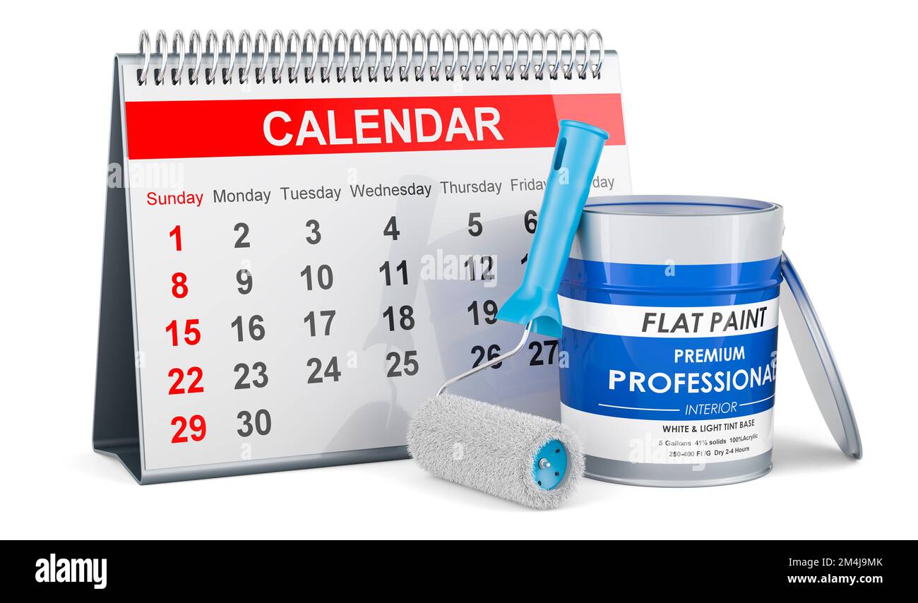 Desk calendar with paint can and roller brush, 3D rendering isolated on ...