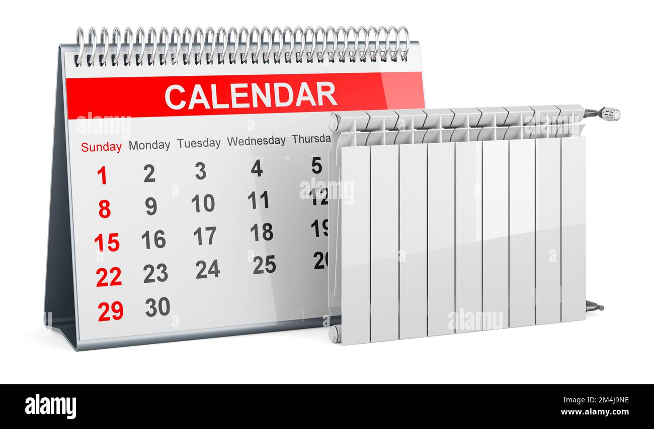 Heating radiator with desk calendar, 3D rendering isolated on white ...