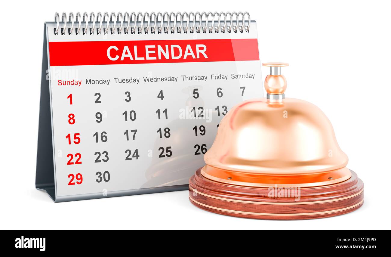 Reception bell with desk calendar, 3D rendering isolated on white ...
