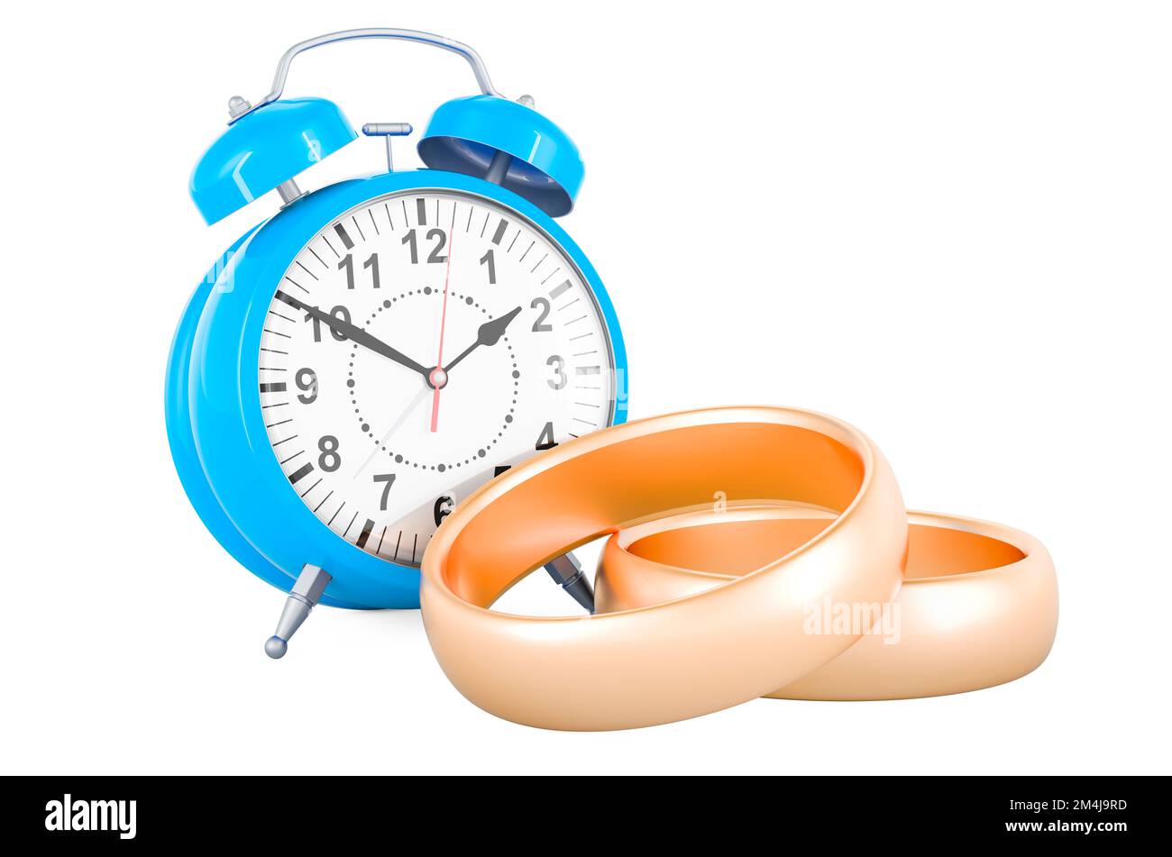 Wedding rings with alarm clock. 3D rendering isolated on white ...