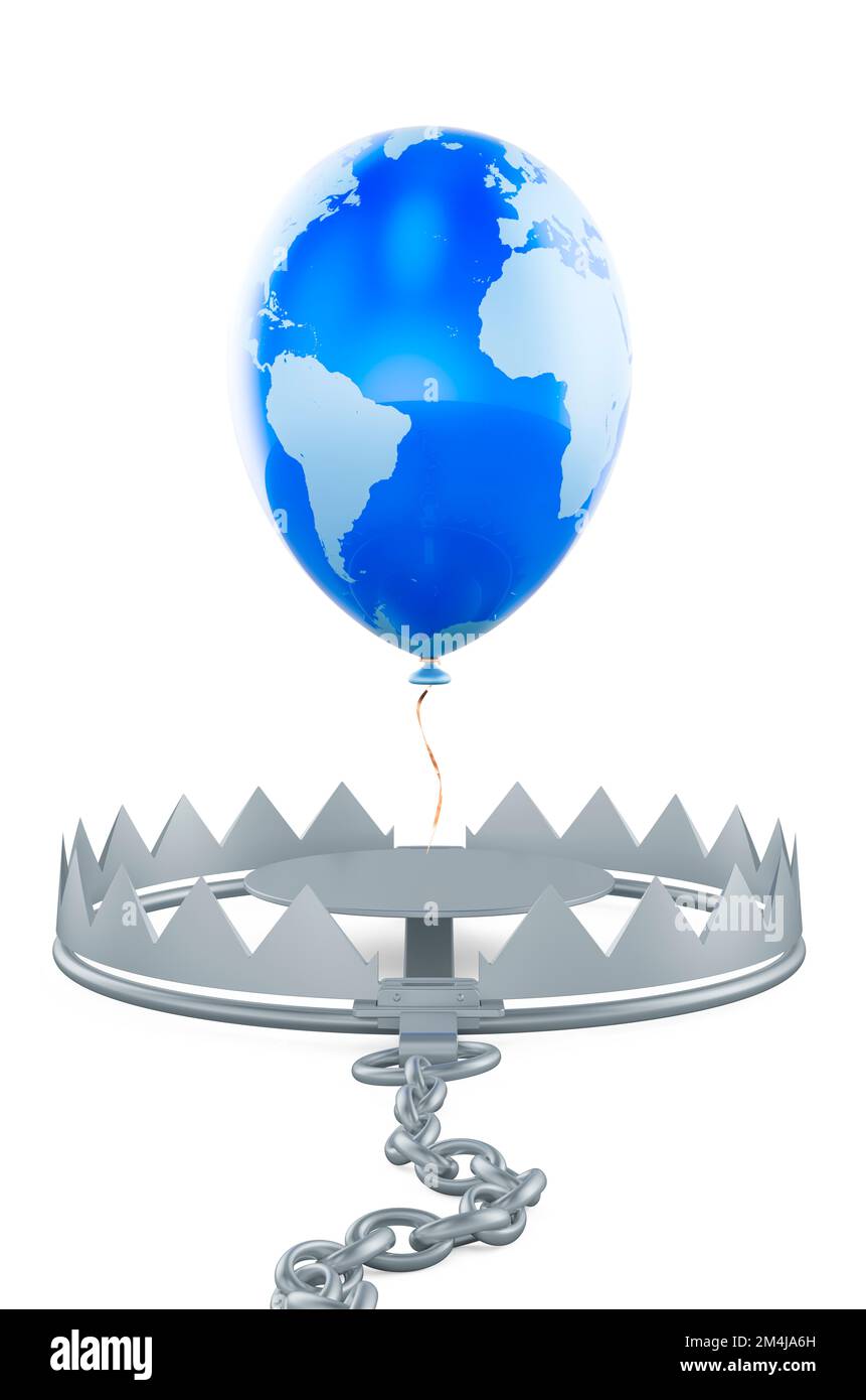 Balloon with Earth map in trap, 3D rendering isolated on white ...