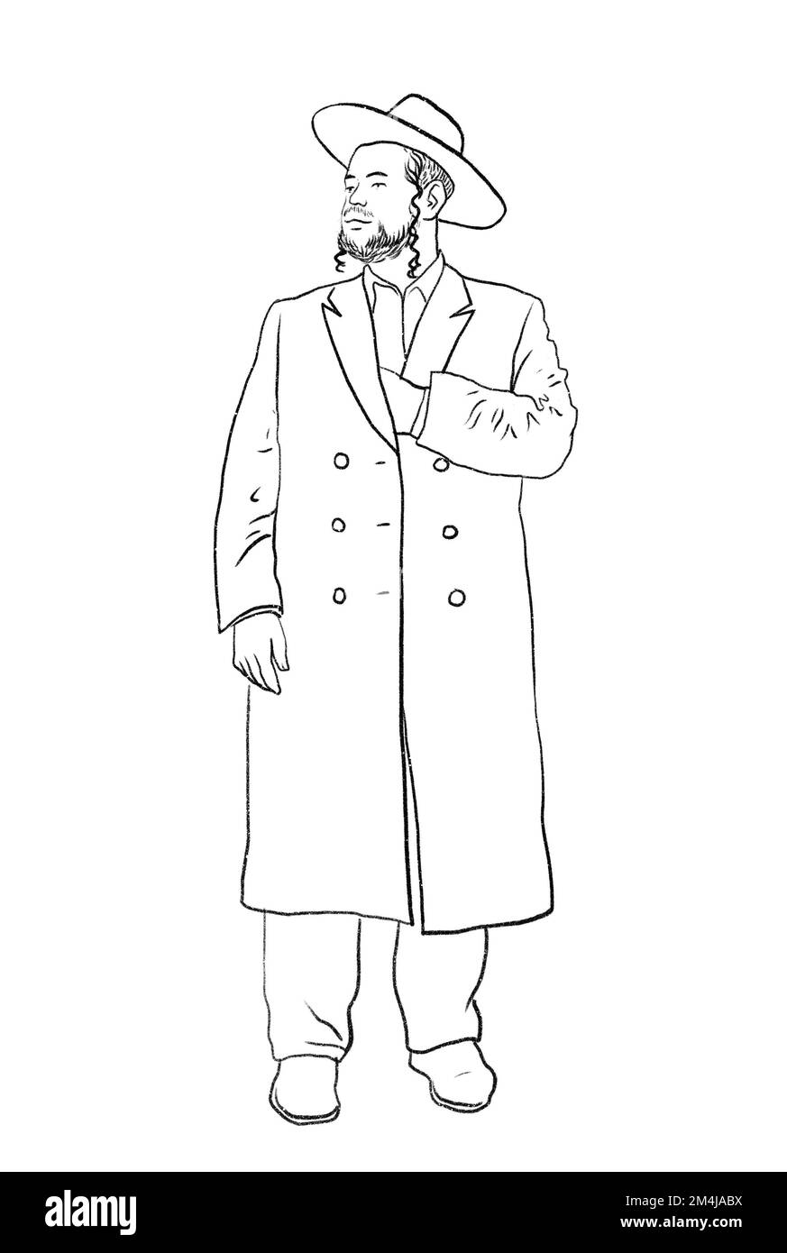 Orthodox jew standing wearing long coat and hat with his hand on the ...