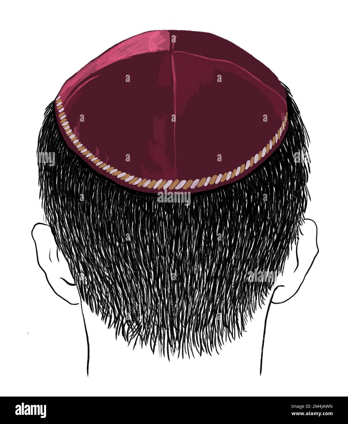 Male head wearing deep red kippah with yellow embroidery back view ink ...