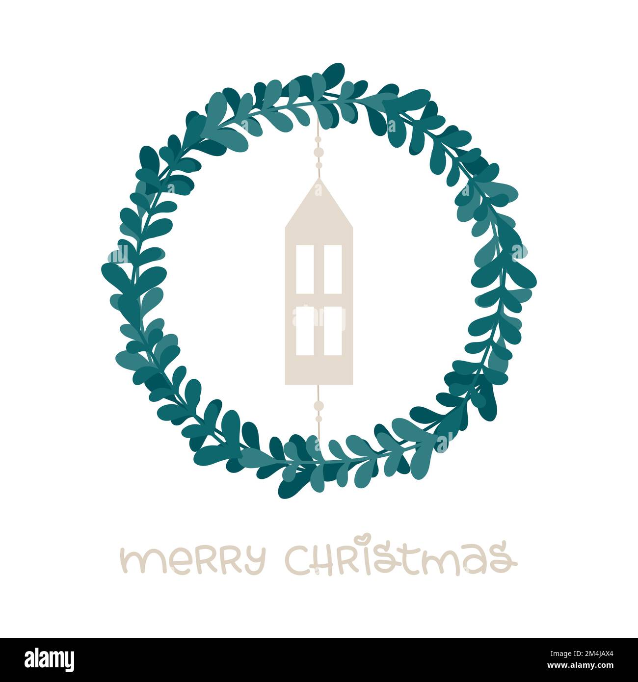 Christmas wreath of green branches and beige little house. Merry ...