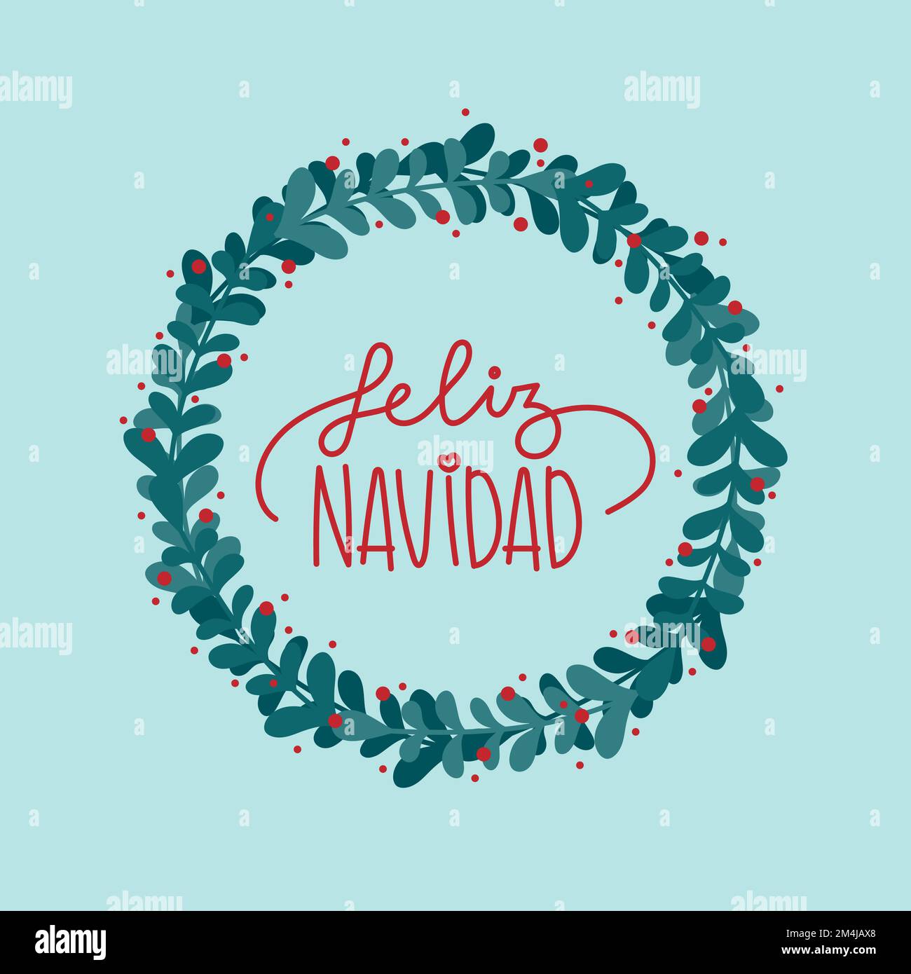 Christmas wreath of green branches and red berries. Merry Christmas in ...