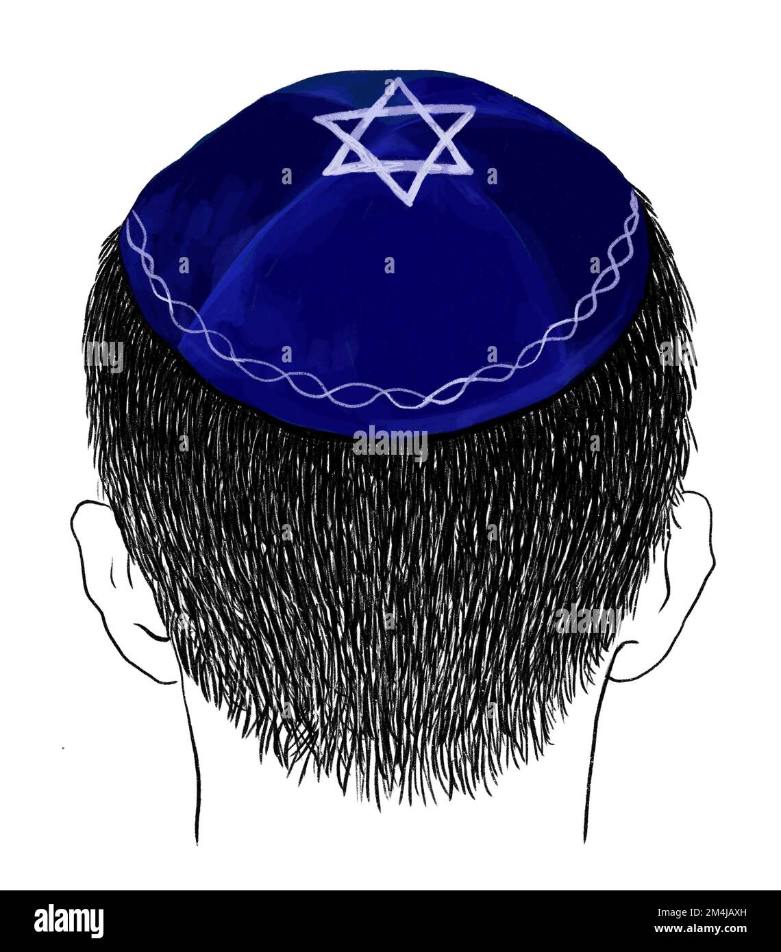 Male head wearing blue kippah with white magen david embroidery back ...