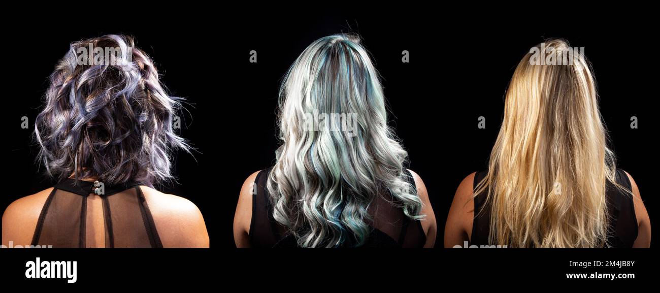different female hairstyles isolated on black background. Haircut ...