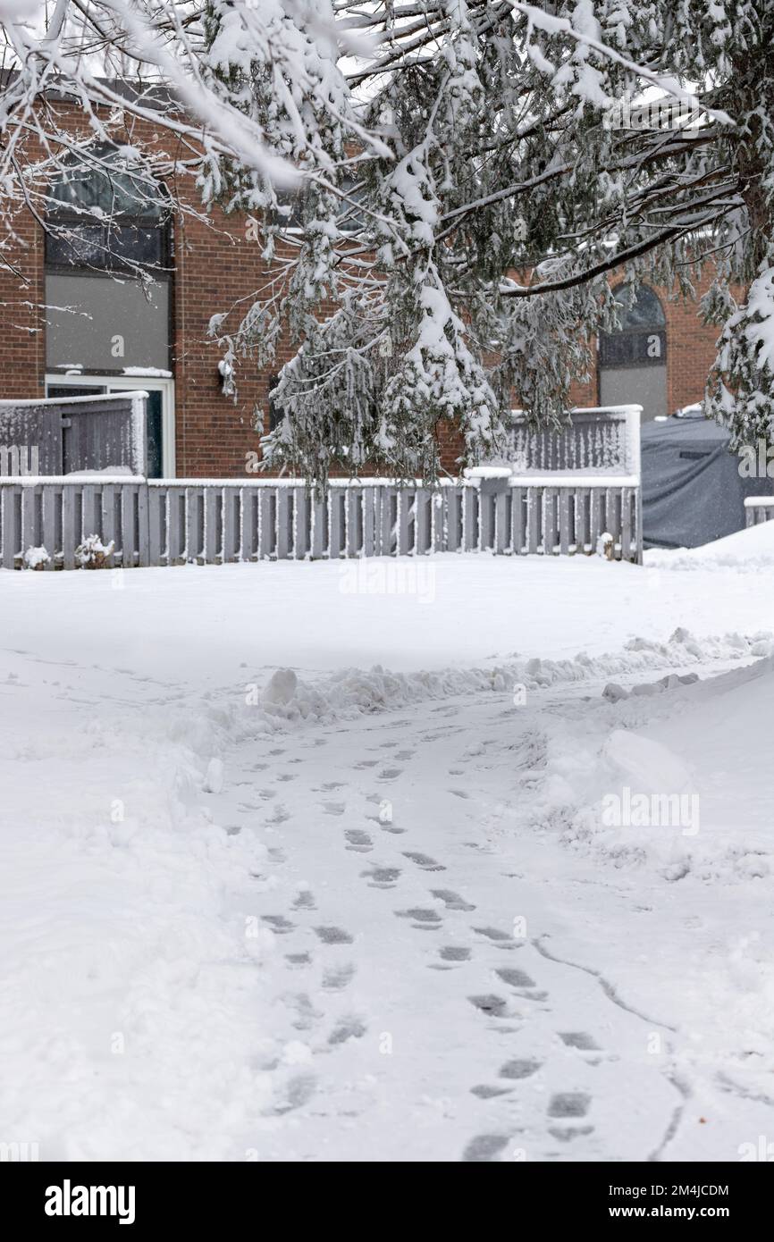 Road with footprints in the winter. Snow on the path with footsteps ...